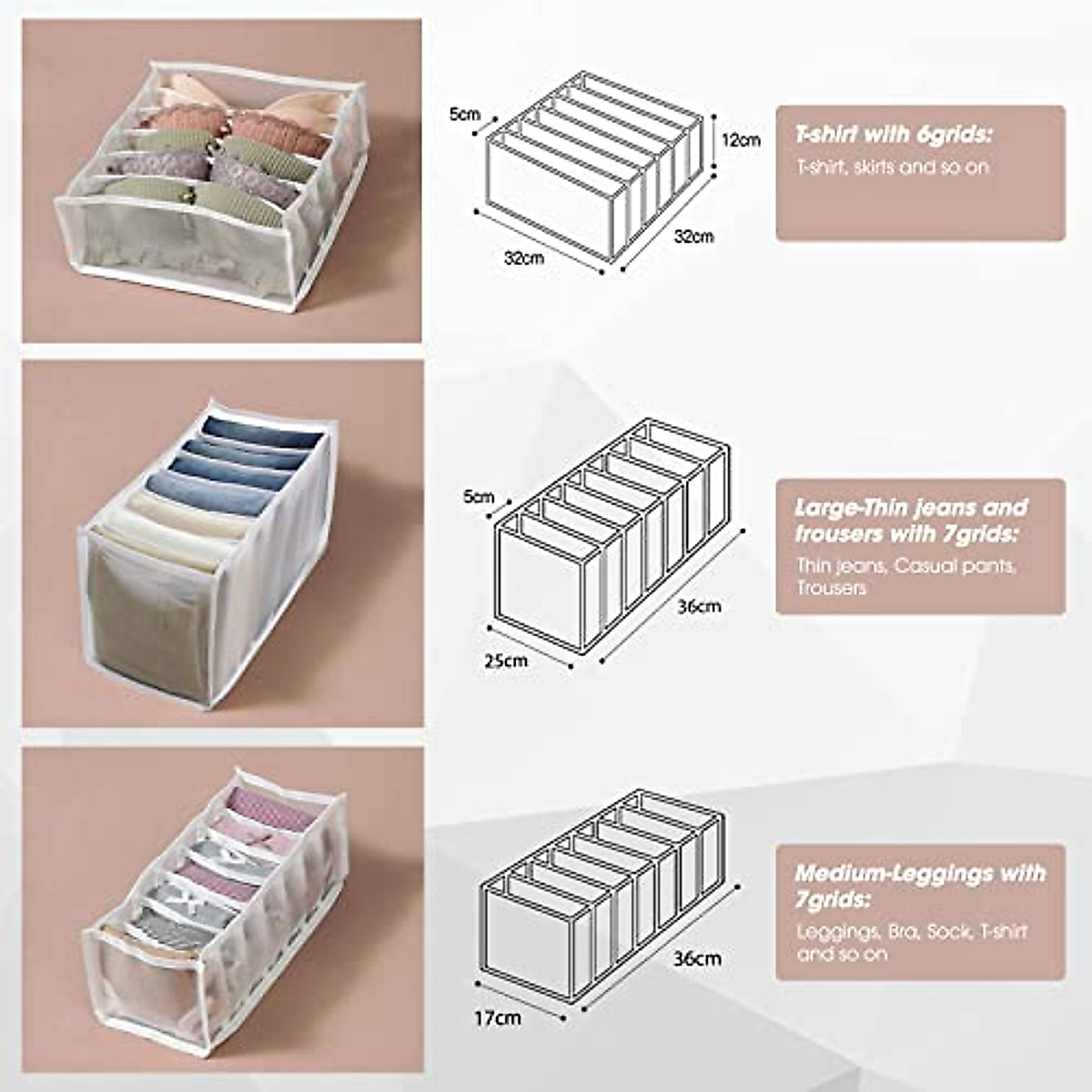 AUREIKA Wardrobe Clothes Organizer | 3PCs Closet and Drawer Organizer for Clothing | Nylon Mesh Divider Storage Compartments for T-shirts Leggings Bras Pants Skirts Socks | Medium Large and Small