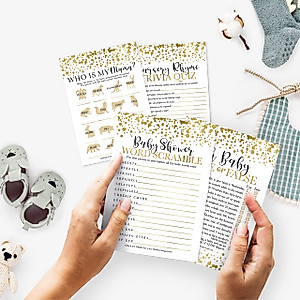 25 Gold Word Scramble For Baby Shower, 25 True Or False Game, 25 Baby Animal Matching, 25 Nursery Rhyme Game - 4 Double Sided Cards Baby Shower Ideas, Baby Shower Party Supplies