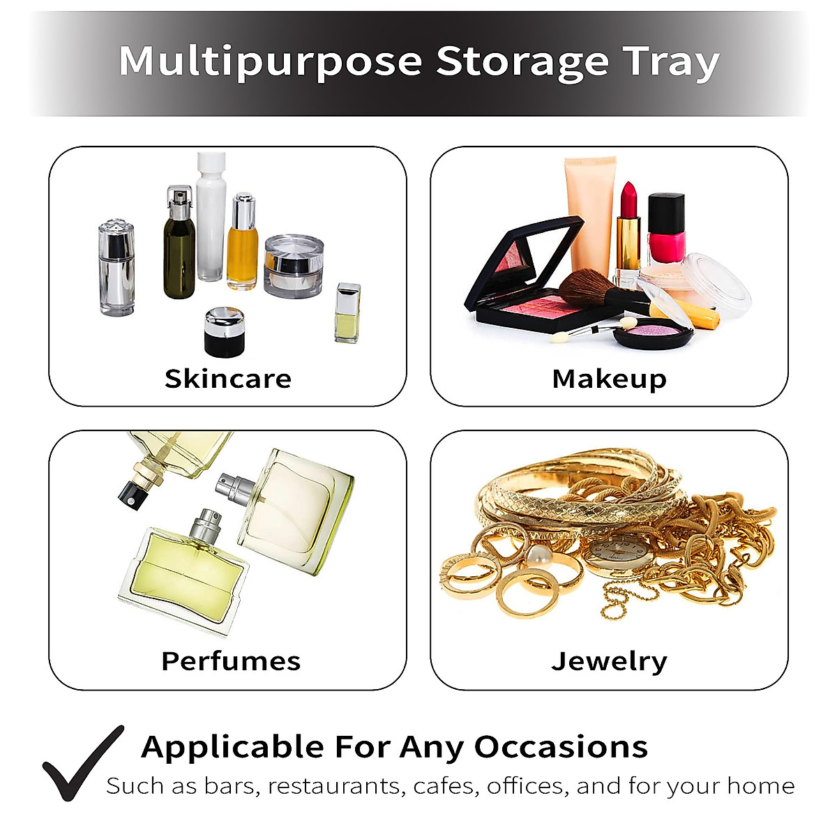 Home Details Tank Matte Black, for Perfume, Jewelry, Toiletries, Bathroom, Coffee Table, Decor Vanity Tray, 14"x 7"x 2"