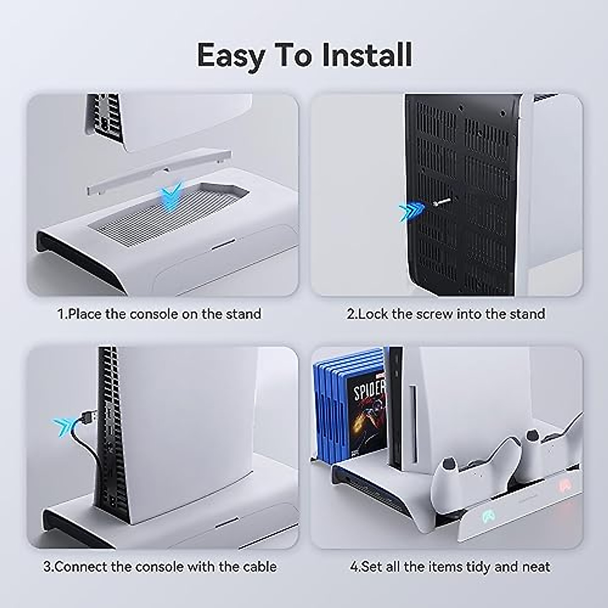 KIWIHOME Cooling Station for PS5 Accessories, Vertical Stand with RGB for Console, 3-Level Fan, Dual Controller Charging Station, 10 Game Slots, Compatible with Disc & Digital Edition