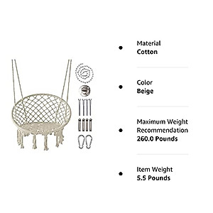 LAZZO Hammock Chair with Hanging Kit and Chain, Cotton Rope Macrame Swing, 260Pounds Capacity, 20" Width, for Indoor, Garden, Patio, Yard (Beige)
