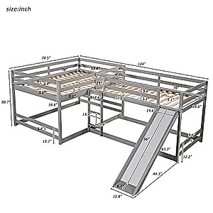 MERITLINE Quad Bunk Beds,Wood L-Shaped Bunk Beds with Slide and Ladder, 4 in1 Full and Twin Size Bunk Bed for Kids, Teens, Adults,Grey