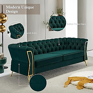 Tmsan 87.4" Velvet Sofa Couch, Mid-Century Modern Chesterfield Loveseat Classic Button Tufted 2 Seater Couch with Golden Legs for Living Room Office Bedroom (Emerald)