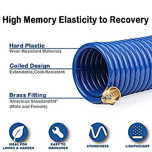 FangFarm Heavy-Duty EVA Coil Garden Hose with GHT Solid Brass Fittings, Water Hose with Brass Connectors, for Garden Lawn Watering, Car Washing (10FT, Blue)