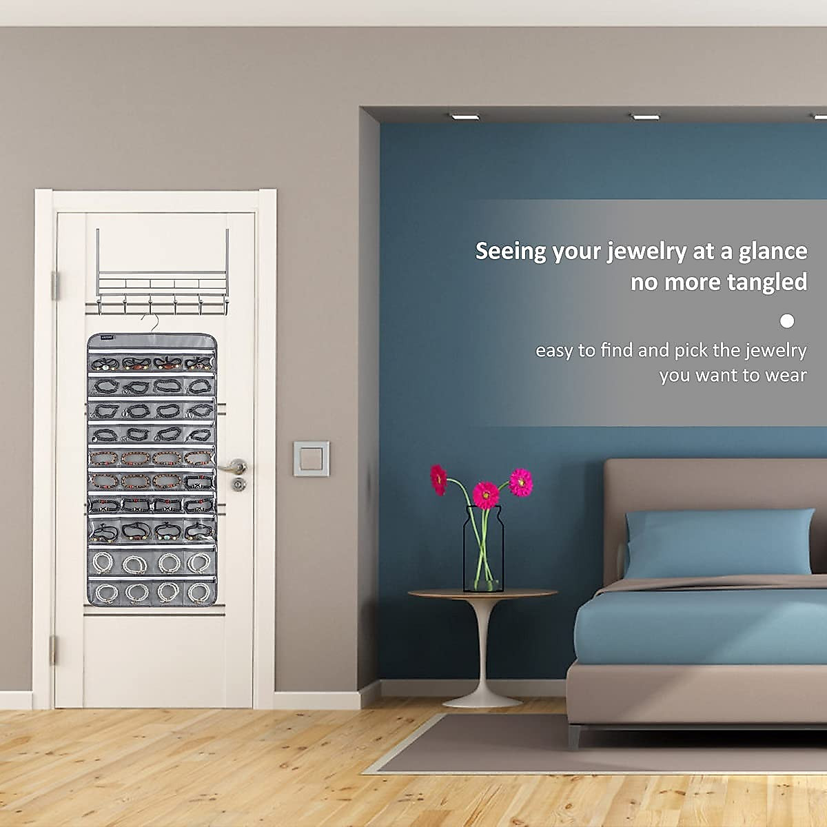 ANZORG 80 Zippered Pockets Hanging Jewelry Organizer for Holding Jewelries Dual-Sided Accessory Display Holder for Earrings Bracelets Rings (80 Zippered Pockets-Grey)