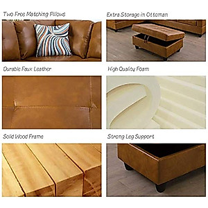 A Ainehome L-Shape Sectional Sofa Set, Ginger, Right Hand Facing, Tufted Leather, Storage Ottoman, Toss Pillows
