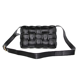 Olivia Miller Women Quilted Woven Black Faux Vegan Leather Front Flap Cassette Crossbody Shoulder Bag Adjustable Shoulder Strap Chic Square Designer Casual Purse Handbag