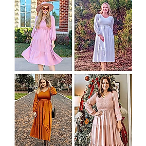 MEROKEETY Women's Long Sleeve Smocked Fall Dress A Line Tiered Midi Maxi Dress with Pockets,Beige,M