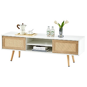 YOUGUO Rattan TV Stand for 65 Inch TV, Boho Entertainment Center with Natural Rattan Sliding Doors & Adjustable Shelf, Wood TV Media Console for Living Room, White