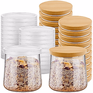 Tessco 40 Pcs Yogurt Jar Lids Set 20 Bamboo Lids with Silicone Sealing Rings 20 Pcs Plastic Yogurt Container Lids Clear Food Storage Replacement Lids Covers Compatible with Oui Yogurt Jars