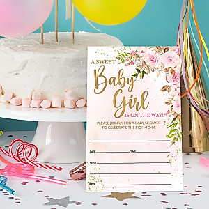 UDNADKEX Baby Shower Invitations for Girl Floral with Envelopes, Invites for Baby Showers Party Blush Pink Watercolor Flowers, Sweet Girl Baby Shower Invite Cards, 4"x6" Set of 20