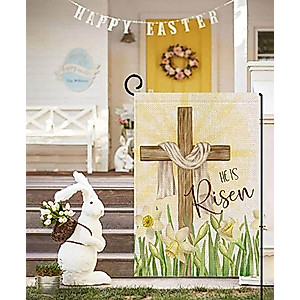 Easter Cross Garden Flag 12x18 Inch Double Sided,Religious Cross He is Risen with Narcissus,Small Spring Yard Flag for Outside Farmhouse Seasonal Holiday Outdoor Decor