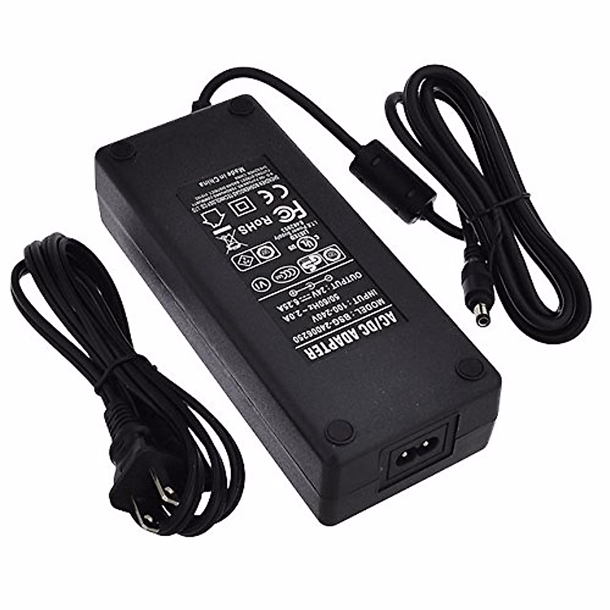 LEDwholesalers 24V 6.25A 150W AC/DC Power Adapter with 5.5x2.5mm DC Plug and 2.1mm Adapter, Black, UL-Listed, 3261-24VR2
