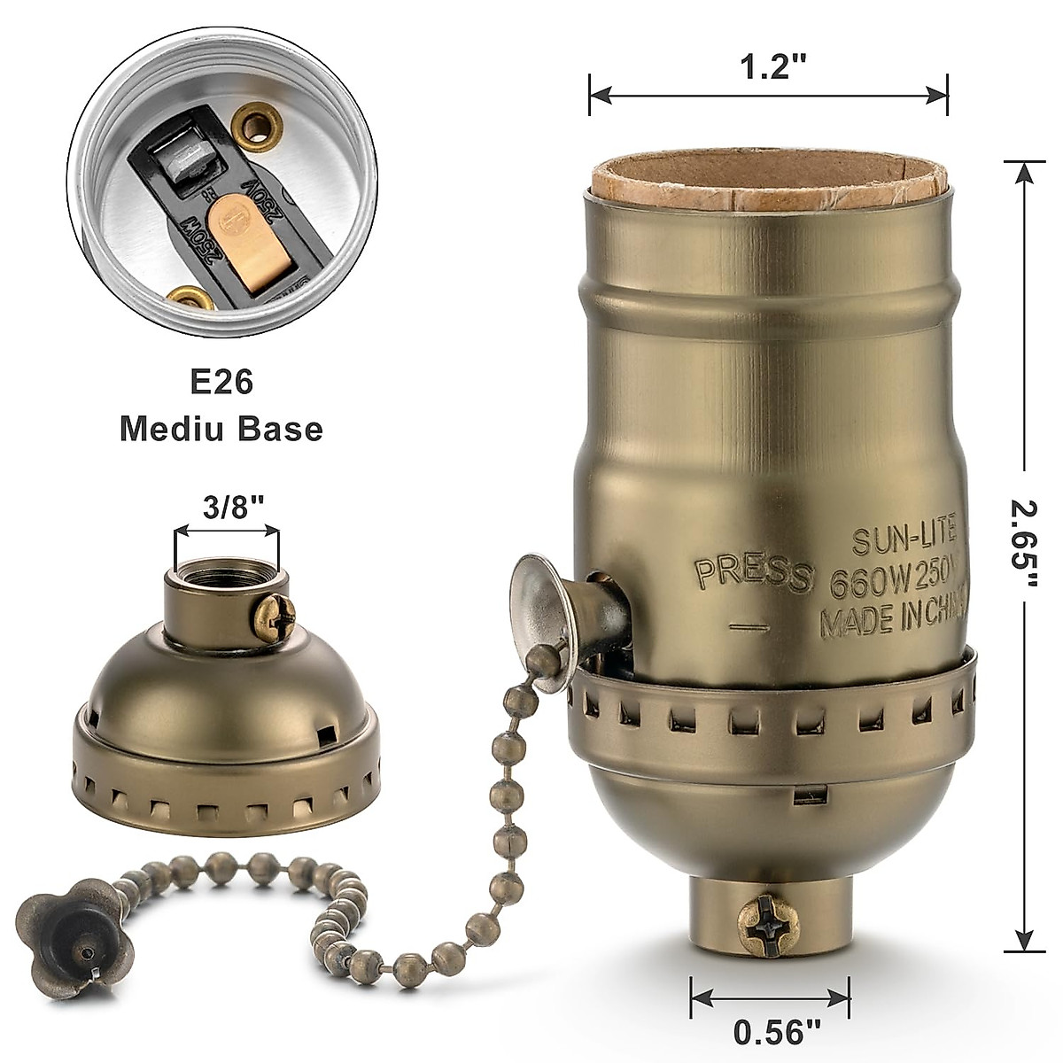 Pull Chain Lamp Socket Replacement, E26 Standard Threaded Base, Lamp Parts for Table and Floor Lamps, Light Bulb Socket with Pull Chain Lamp Switch, UL Listed, 1 Pack (Antique Brass)