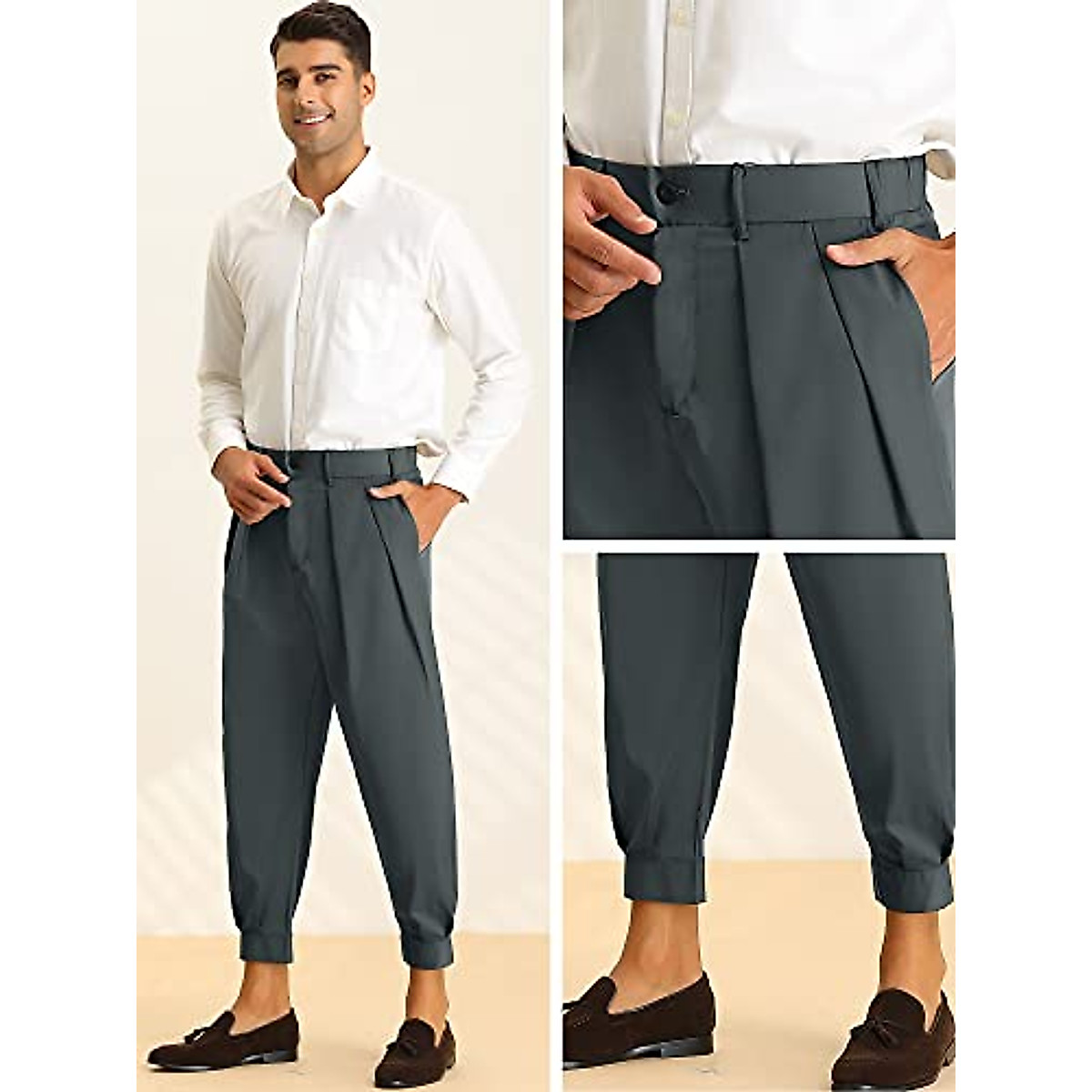 Lars Amadeus Gray Cropped Pants for Men's Solid Color Double Pleated Tapered Dress Pants 36 Dark Gray