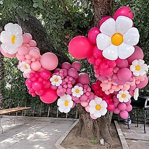 Hot Pink Balloons Arch Kit,Pink White Daisy Flower Garland with Metallic Red Balloons for Birthday Party Baby Shower Baptism Bridal Engagement Wedding Decorations