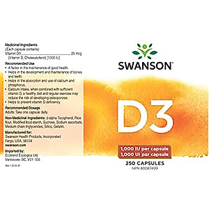 Swanson Vitamin D-3 (cholecalciferol) - High Potency - 1000 IU (25 mcg) 250 Capsules