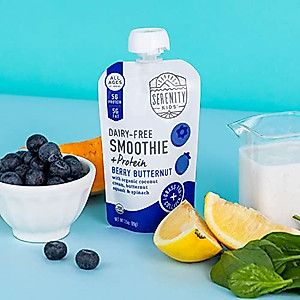 Serenity Kids 6+ Months Dairy-Free Smoothie Baby Food | USDA Organic | Grass Fed Collagen Protein | 3.5 Ounce BPA-Free Pouch | Berry Butternut | 6 Count