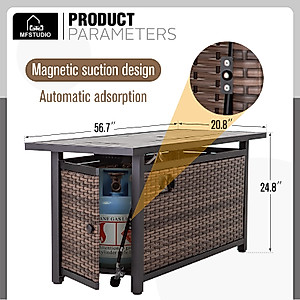 MFSTUDIO 56 Inch PE Rattan Gas Fire Pit Table,50000 BTU Rectangular Outdoor Propane Fire Pit Table with Waterproof Cover and Blue Stone for Patio Courtyard Balcony,Brown