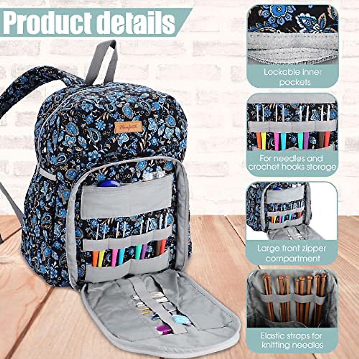 Hanfetch Yarn Storage Organizer Knitting Bag Backpack Large Size with Grommets Portable Crochet Bag Yarn Keeper for Yarn Skeins， Crochet Hooks, Knitting Needles and Other Accessories (Paisley)