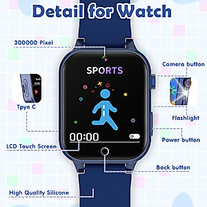 Luyiilo Smart Watch for Kids, with 26 Puzzle Games, Touch Screen, HD Camera, Alarm Clock, Toys for Ages 4-12 Years Old.Birthday Gift for Boys Girls (Blue)