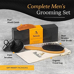 Belula Boar Bristle Hair Brush for Men Set.Styling Mens' Hair Brush with Nylon Pins. Boar Bristle Brush, 2 x Palm Brush, Wooden Comb & Travel Bag Included.