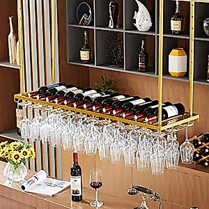 Wine Stemware Racks, Ceiling Hanging Wine Glass Holder, Wine Bottle Holder, Metal Wine Goblet Rack for Restaurants Kitchens Bar Storage Display Shelf, Gold (Size : 80×35cm(32×14inc