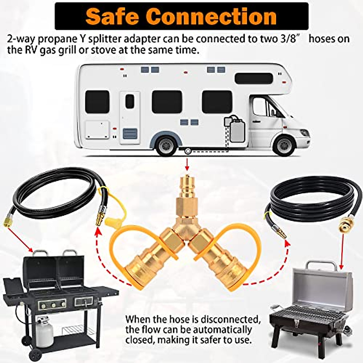 3/8" Y-Splitter Separator Natural Gas Quick Connect/Disconnect Adapter for RV Trailer Motorhome BBQ Grill High Pressure Natural Gas or Propane Systems