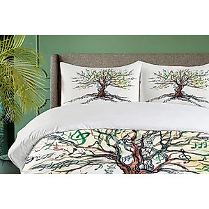 Ambesonne Music Duvet Cover Set, Musical Tree Autumnal Clef Trunk Swirl Nature Illustration Leaves Creative Design, Decorative 3 Piece Bedding Set with 2 Pillow Shams, Queen Size, White Brown