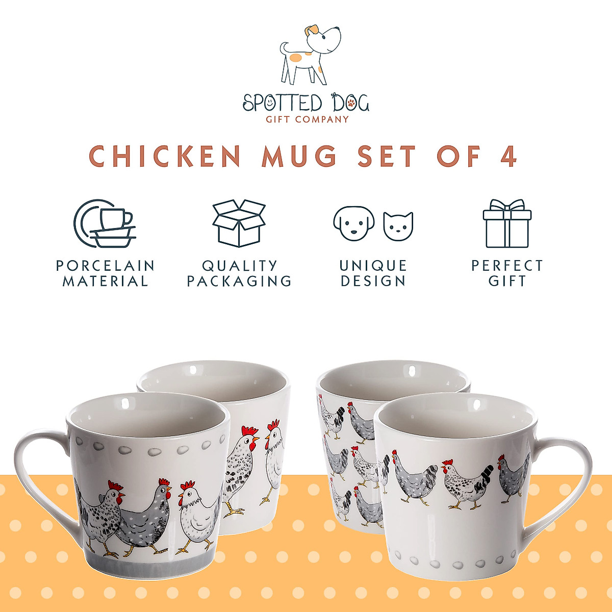 SPOTTED DOG GIFT COMPANY Chicken Coffee Mug Set of 4, Tea Mugs Cups 13oz Ceramic Porcelain China, Chicken Gifts for Chicken Lovers Women Men
