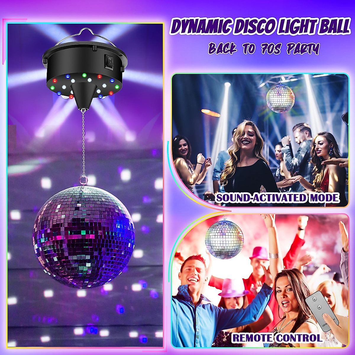 10 RPM Disco Ball with Motor and Disco Ball — Plug/Battery Powered Disco Ball Light with 4 Color Lights,18 LED Beads and Mirror Ball, Christmas Party, Back to 70s Theme Party Supplies