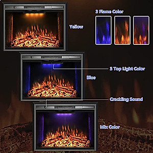 Velaychimney 29 Inches Electric Fireplace Insert, 750W/1500W Fireplace Heater with Adjustable Flame and Top Light Colors, Fire Crackling Sound, Remote Control, Timer, Glass Door & Mesh Screen, Black…