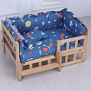 Dog Bed Blue Floral Raised, Wooden Eevated Pet cot Couch with Fenced & Stairs, for Arthritis Dogs/Senior Cats (Size : 112cmX64cm)