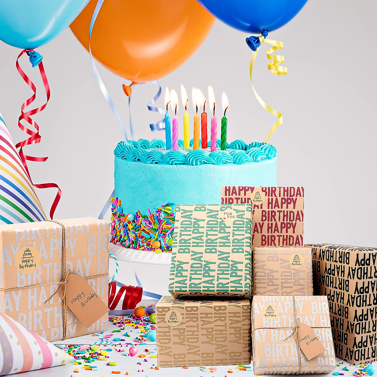 Birthday Wrapping Paper Set, 6 Sheets Kraft Brown Recycled Gift Wrapping Paper with Stickers, Gift Wrapping Paper with Happy Birthday Pattern Design for Kids Girls Women Boys Men Adults, 20×28 inches