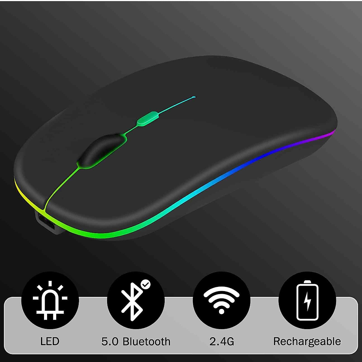UrbanX 2.4GHz & Bluetooth Mouse, Rechargeable Wireless Mouse for Samsung Galaxy Tab A 10.1 (2019) Bluetooth Wireless Mouse for Laptop/PC/Mac/Computer/Tablet/Android RGB LED Silver