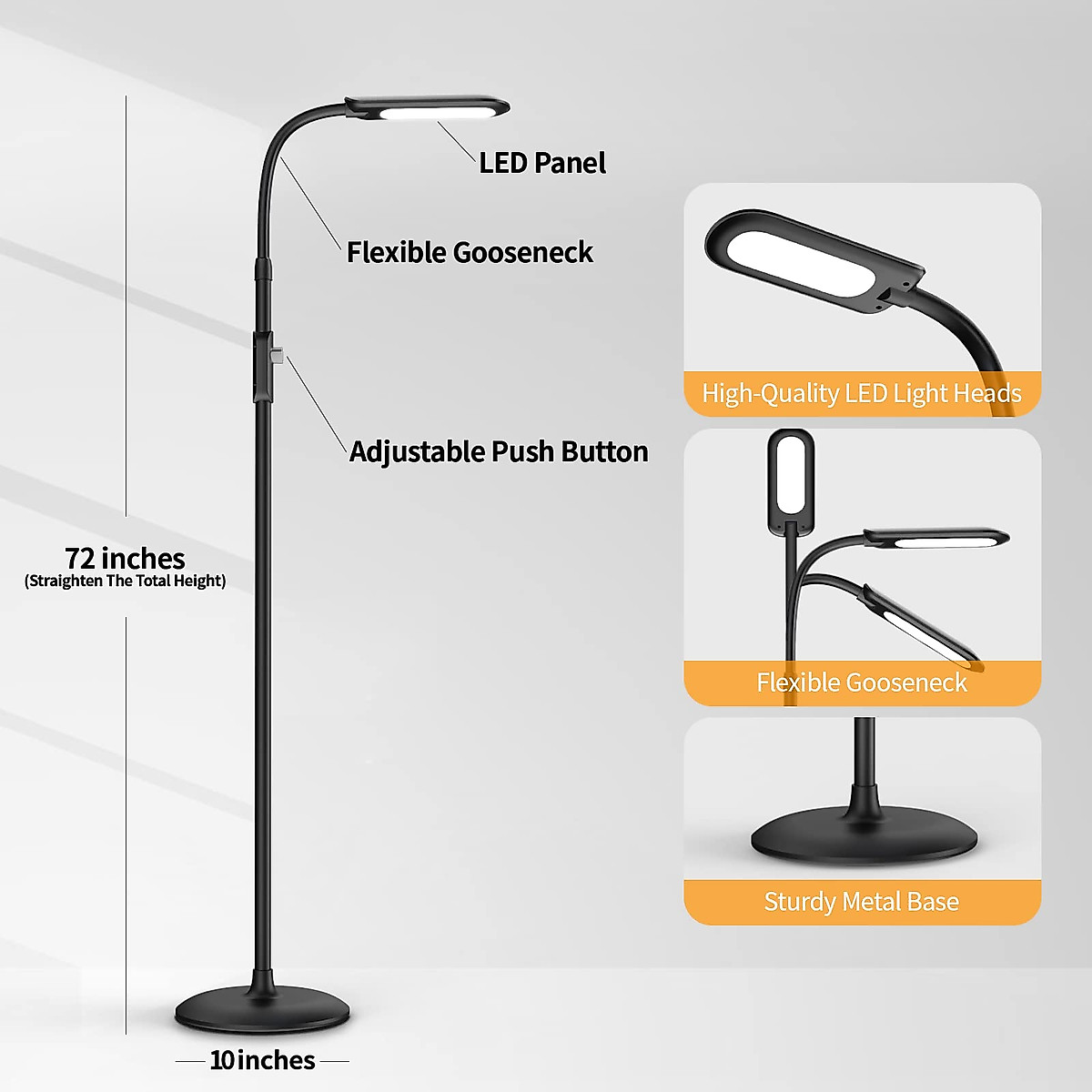 Ferrawel LED Floor Lamp Modern Standing Lamp with Adjustable Gooseneck Stepless Dimming Standing Pole Light Bright Reading Tall Lamp with Memory Funtion for Living Room Bedroom Office