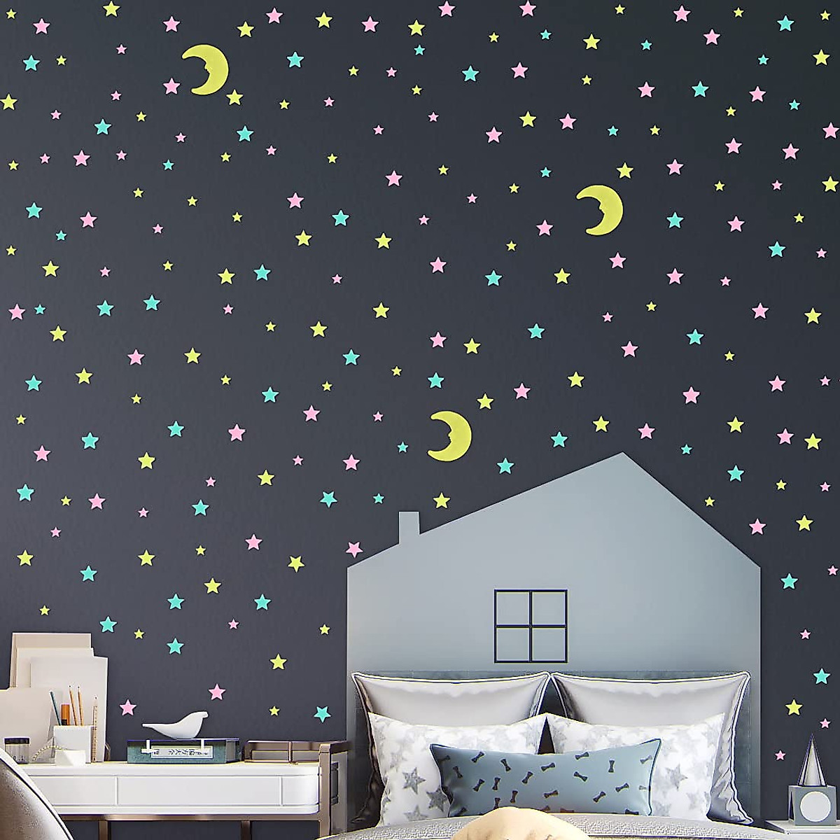 DTLIFEK 300PCS Glow in The Dark Stars Wall Decals Luminous Moon Stickers for Ceiling 3D Fluorescent Plastic Self Adhesive Starry Sky Glowing Stars and Moon Wall Art Decor for Kids Baby Bedroom Room