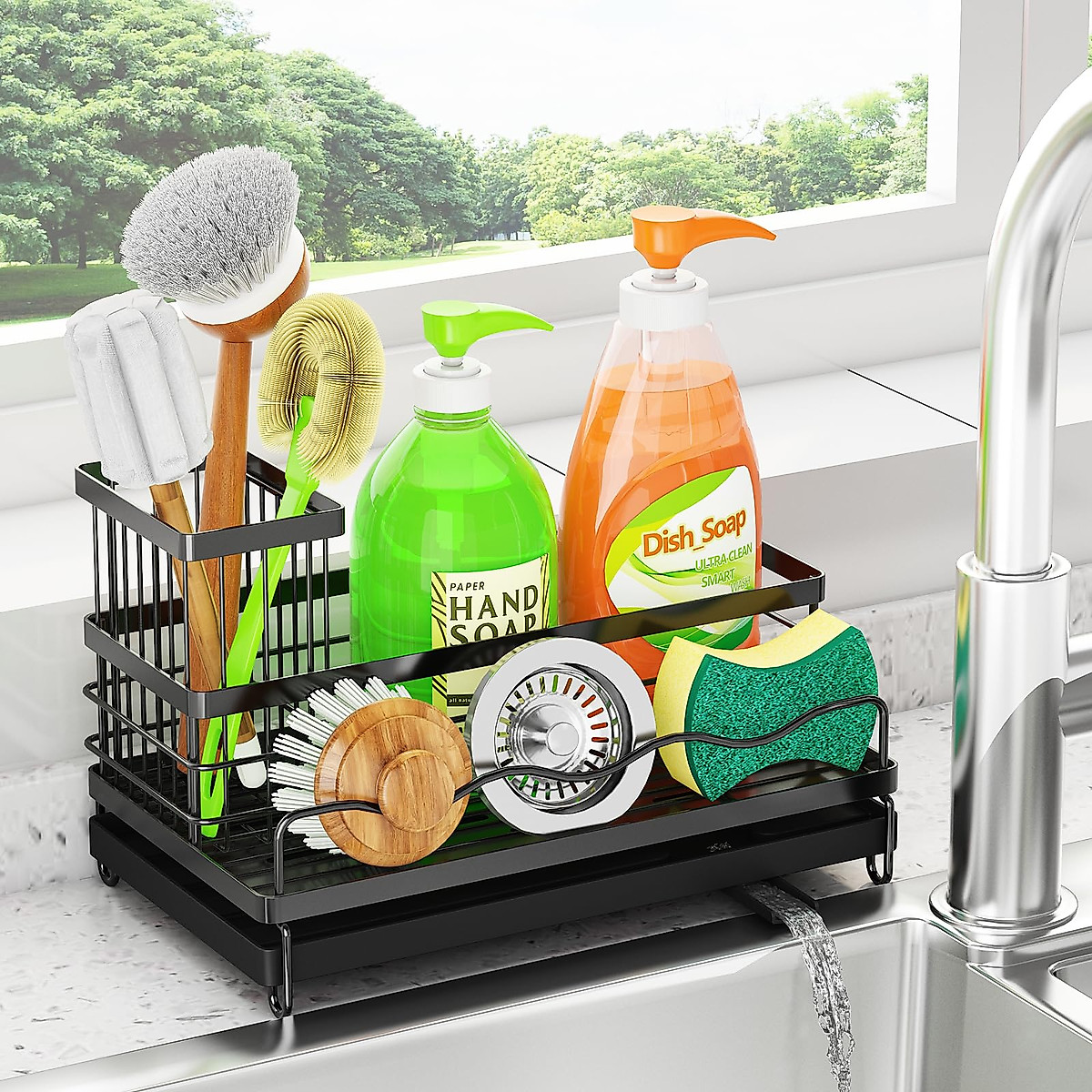 Godboat Kitchen Sink Organizer - 201 Stainless Steel Sink Caddy with Dish Brush Holder, Sponge Holder with Auto-Drain, 360° Swivel Spout, Kitchen Gadgets and Decor for Tiny Home, Gifts for Women, Mom