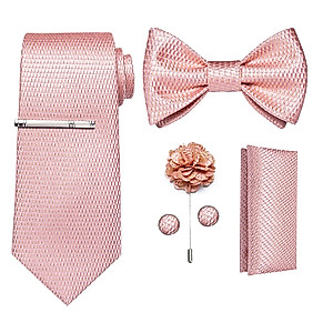 DiBanGu Mens Silk Tie and Bowtie Lapel Pin Tie Clip Set Paisley Solid Necktie and Pocket Square Cufflinks for Wedding Party, Blush Pink