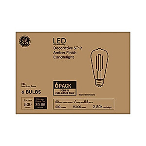 GE Vintage Style LED Light Bulbs, 60 Watt, Amber Finish, ST19 Edison Style Bulbs (6 Pack)