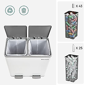 SONGMICS Trash Can, 2 x 8-Gallon Garbage Can for Kitchen, with 15 Trash Bags, 2 Compartments, Plastic Inner Buckets and Hinged Lids, Airtight, White and Gray ULTB60WT