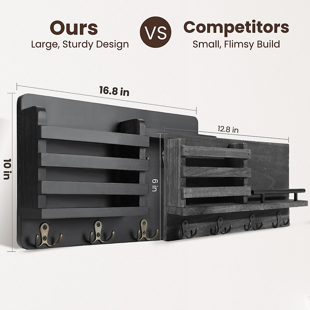 Nekon Mail Holder for Wall Mail Organizer with Key Hooks Hallway Farmhouse Decor Letter Sorter Made of Natural Pine with Floating Shelf and Flush Mount Hardware (16.8Inch x 10Inch x 3.2Inch) (Black)