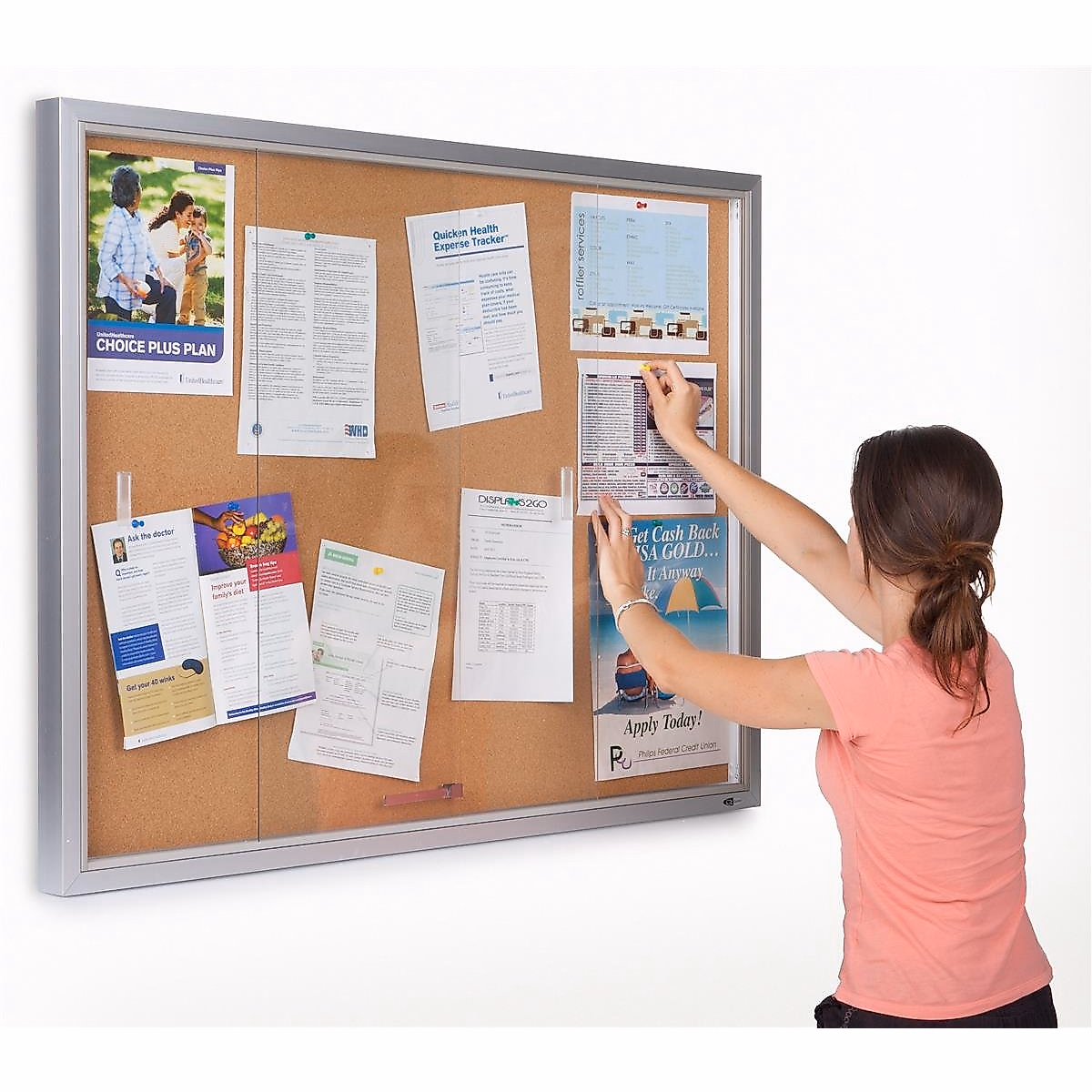 48" x 36" Enclosed Bulletin Board for Wall Mount, Indoor Use Only, 4' x 3' Cork Board with Sliding Glass Door - Silver Aluminum Frame