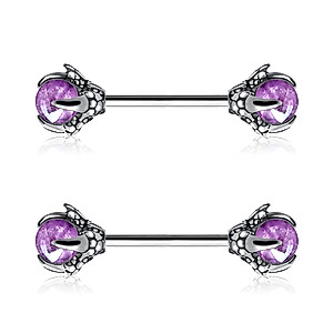 OUFER 14G Nipple Rings Dragon Claw with Natural Stone Nipple Piercing Jewelry 316L Stainless Steel Nipple For Women(Amethyst)