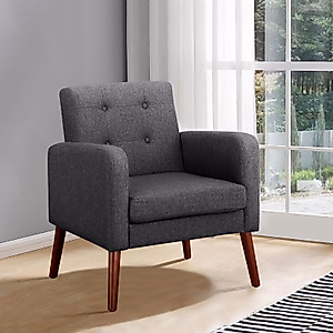 Furniliving Mid Century Modern Arm Chair, Button-Tufted Upholstered Accent Chairs for Bedrooms Living Room Chair with Solid Wood Legs Linen Fabric Comfy Lounge Chair, Dark Grey