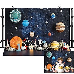 Outer Space Photography Backdrop Universe Planet Star Galaxy Astronaut Rocket Kids Birthday Party Decoration Boy Portrait Photo Background Birthday Party Cake Table Banner Vinyl,7x5ft