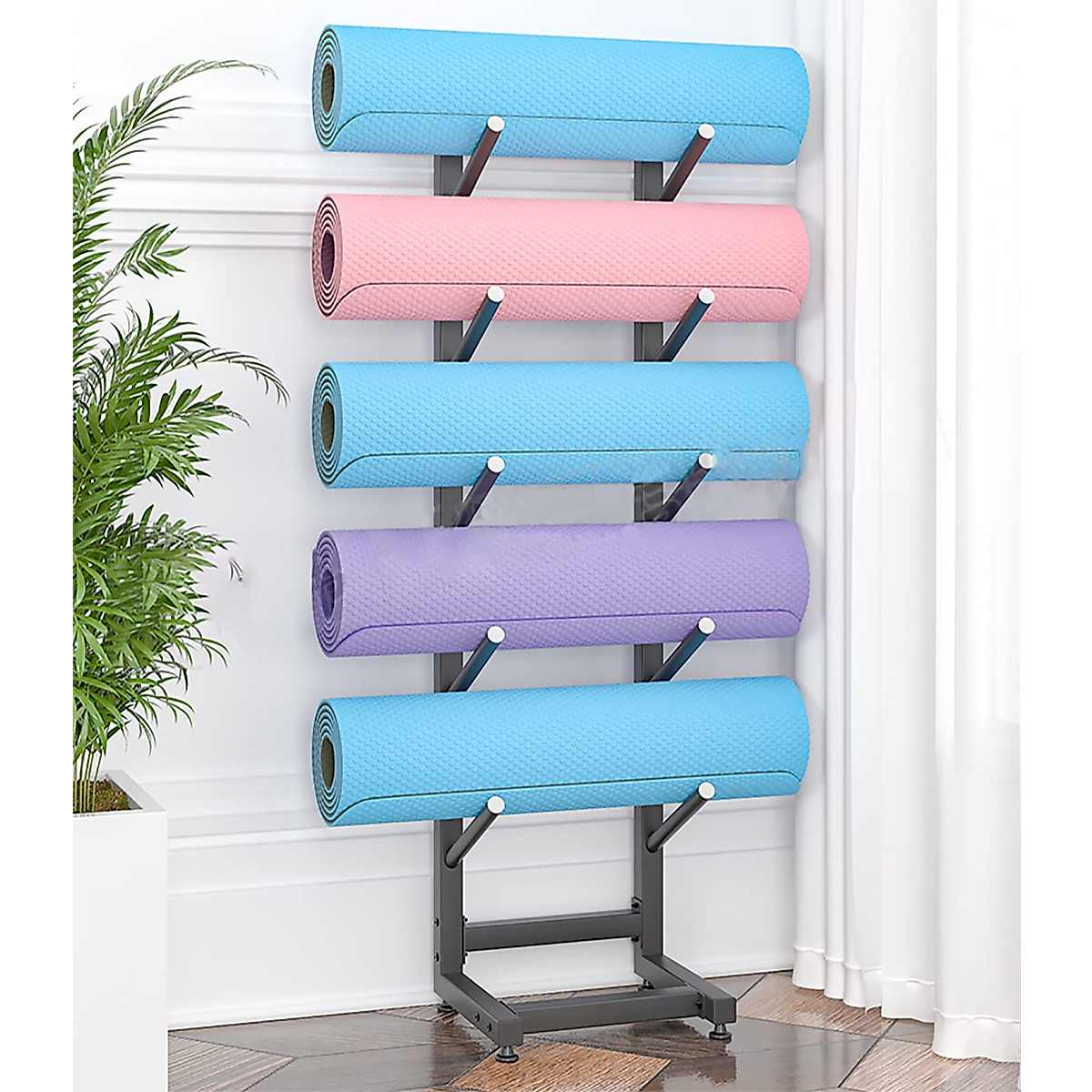Yoga Mat Holder Floor Storage Yoga Mat Rack Organizer, Double Sided 5-Tier Workout Equipment Storage Holder with Accessories, Mobility Display Shelf, Holds 5-10 (Size : Capacity 5)