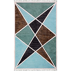 Casavani Hand Made Cotton Dhurrie Geometric Blue & Brown Tassel Rug Easy Care Washable Rugs for Doormat Entryway Living Room Bedroom Hallway Balcony 5x7 Feet
