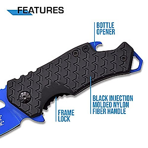 MTech USA – Spring Assisted Folding Knife – Blue Fine Edge Stainless Steel Blade with Black Nylon Fiber Handle, Bottle Opener, Pocket Clip, Tactical, EDC, Self Defense- MT-A882BL