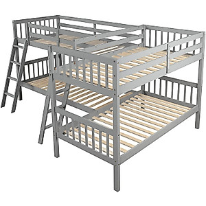 MERITLINE L-Shaped Quad Bunk Bed, Four Bunk Bed Twin Over Twin with Angle Ladder,Wooden Corner 4 Bed Bunk Bed for Kids, Teens, Adults, No Box Spring Needed (Twin, Grey)
